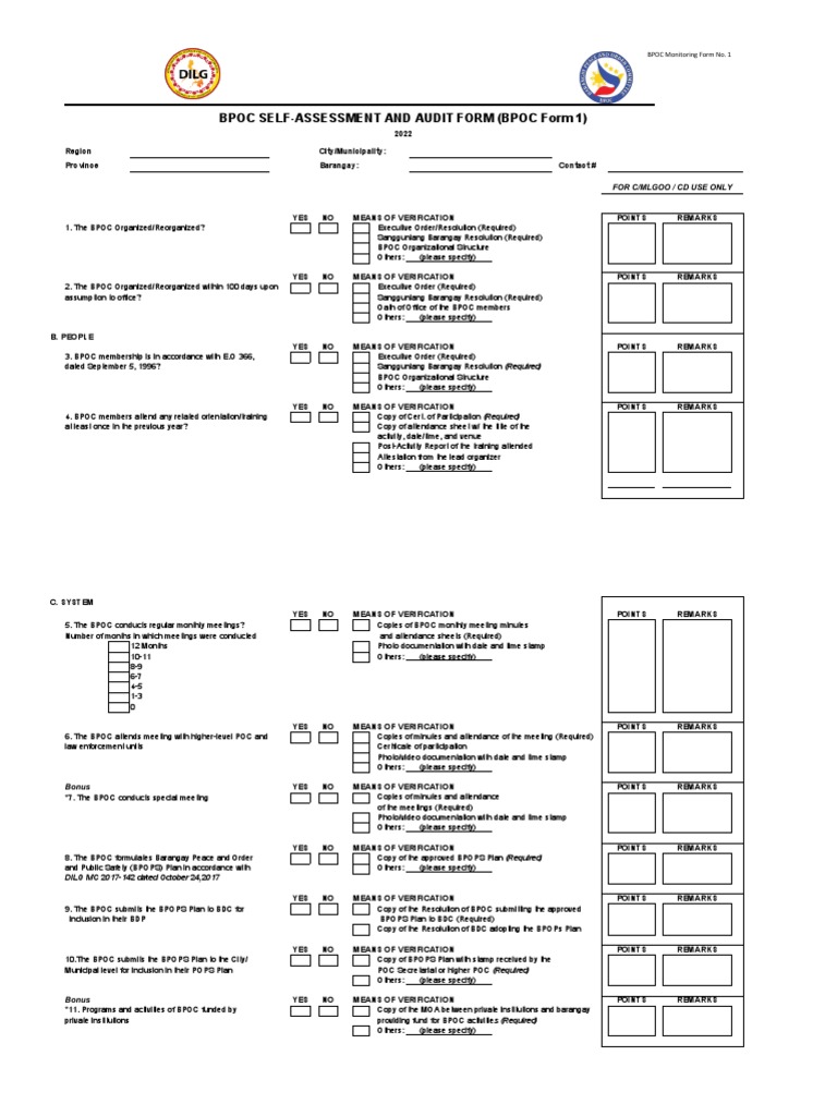 BPOC Monitoring Form 1 SELF ASSESSMENT AND AUDIT FORM | PDF