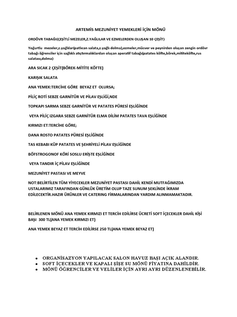 Mezuniyet Menü Fiyatları | PDF