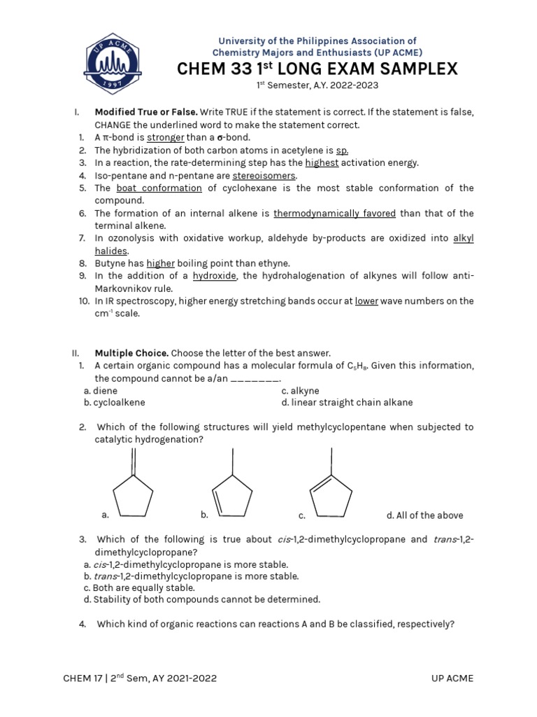 Chem 33 1st LE 2223 Samplex | PDF | Alkene | Alkane