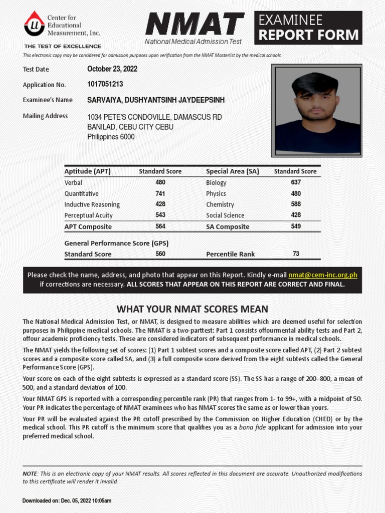 NMAT_TEST_RESULT-1017051213(1) | PDF | Medical School | Reference Range