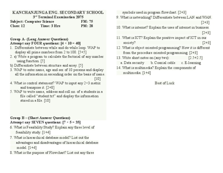 Class 12 Kanchanjunga 2075 | PDF | Teaching Methods & Materials | Technology & Engineering