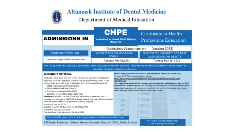 CHPE Admission 2023 Link PDF | PDF