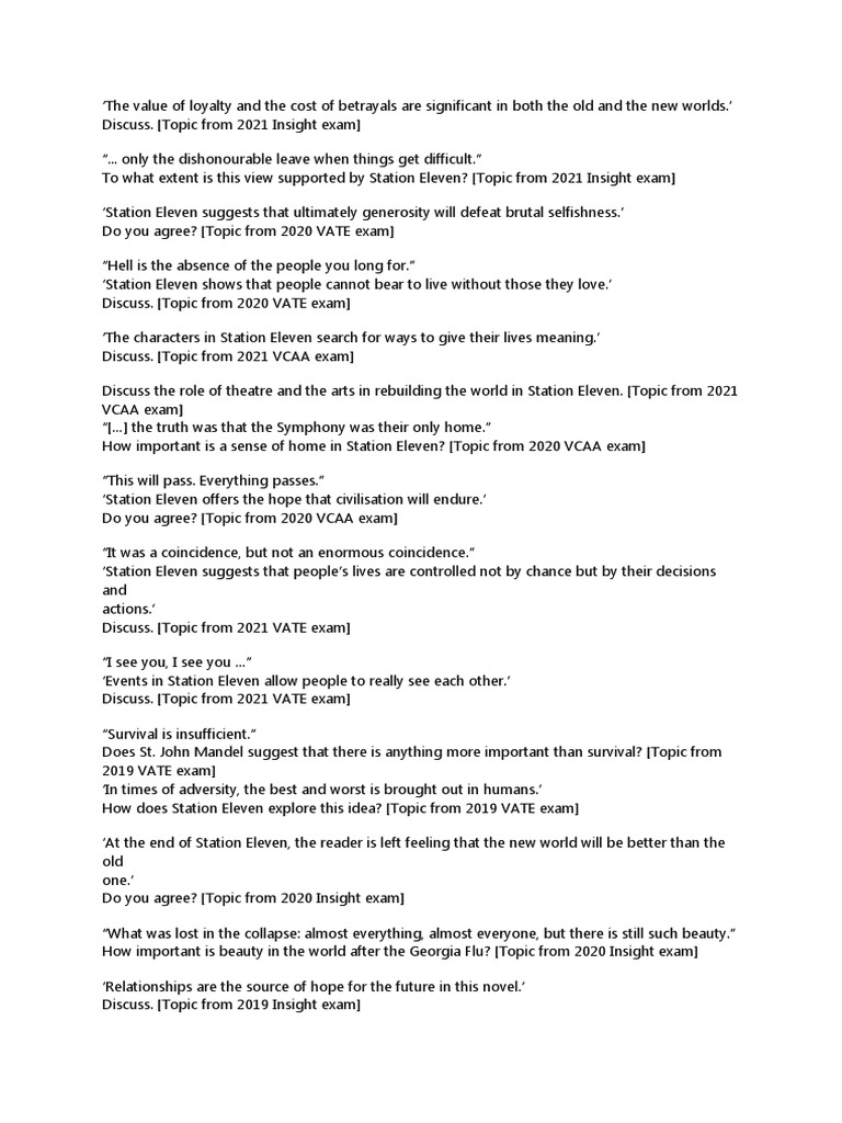 Station Eleven Essay Prompts | PDF