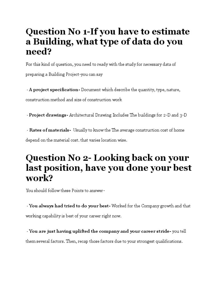 QUANTITY SURVEYOR Interview Questions Answers 1691227127 | PDF ...