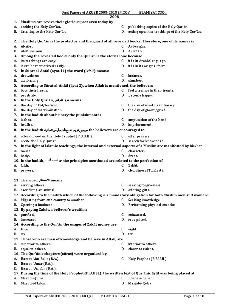 AKUEB Past Papers ISLAMIYAT SSC-I (Unsolved) | PDF