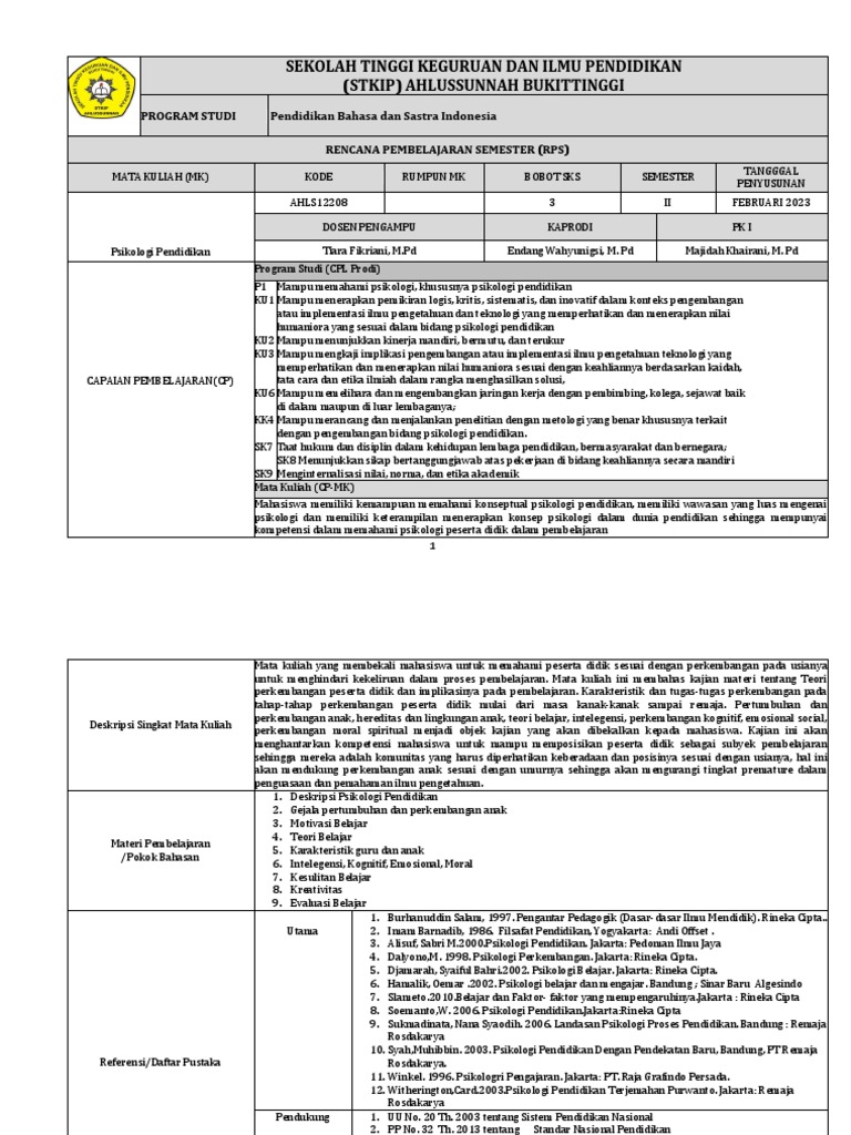 RPS Psikologi Pendidikan Bahasa | PDF | Karier & Perkembangan | Kesehatan Holistik
