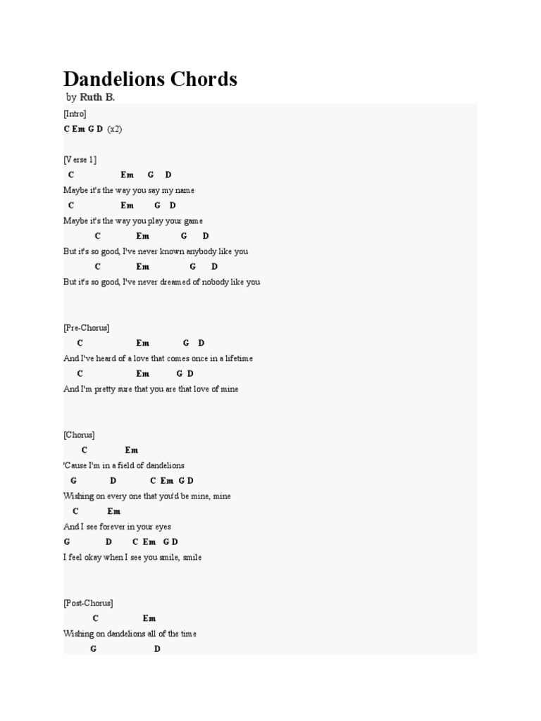 Dandelions Chords | PDF | Song Structure | Vocal Music