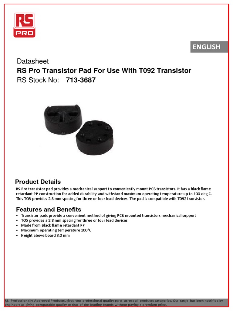 Datasheet: RS Pro Transistor Pad For Use With T092 Transistor 713-3687 ...