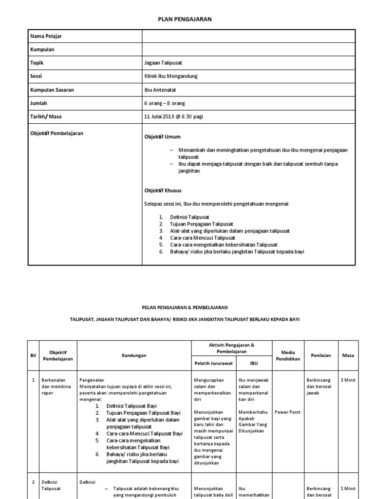 Contoh Plan Pengajaran Pendidikan Kesihatan | PDF | Pengembangan Diri