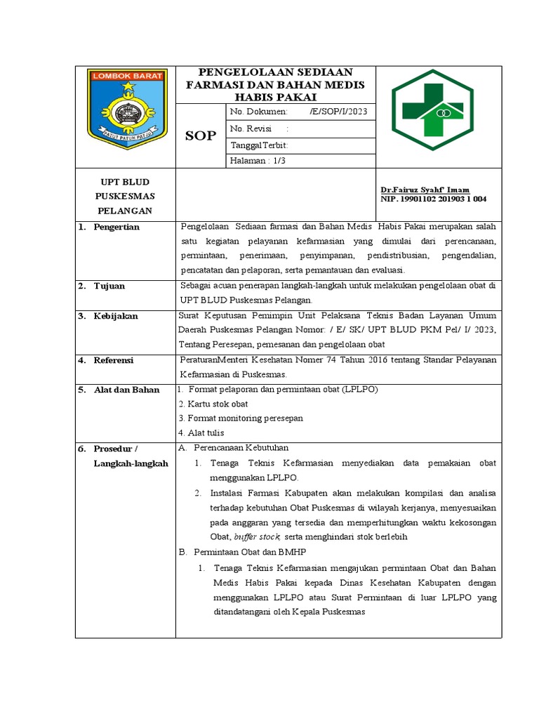 Sop Pengelolaan Sediaan Farmasi Dan BMHP | PDF | Pengembangan Diri | Sains & Matematika