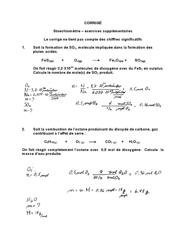 Corrigé Stoechio Exercices Supp. | PDF