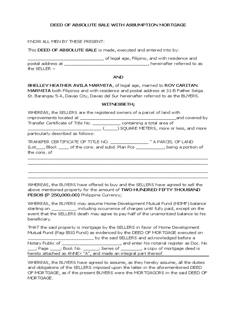 Deed of Absolute Sale With Assumption Mortgage | PDF