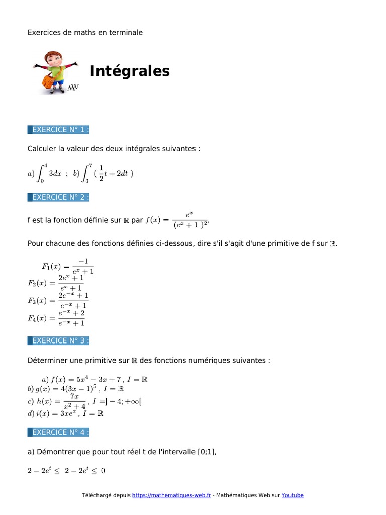 Integrales Exercices de Maths en Terminale Corriges en PDF | PDF