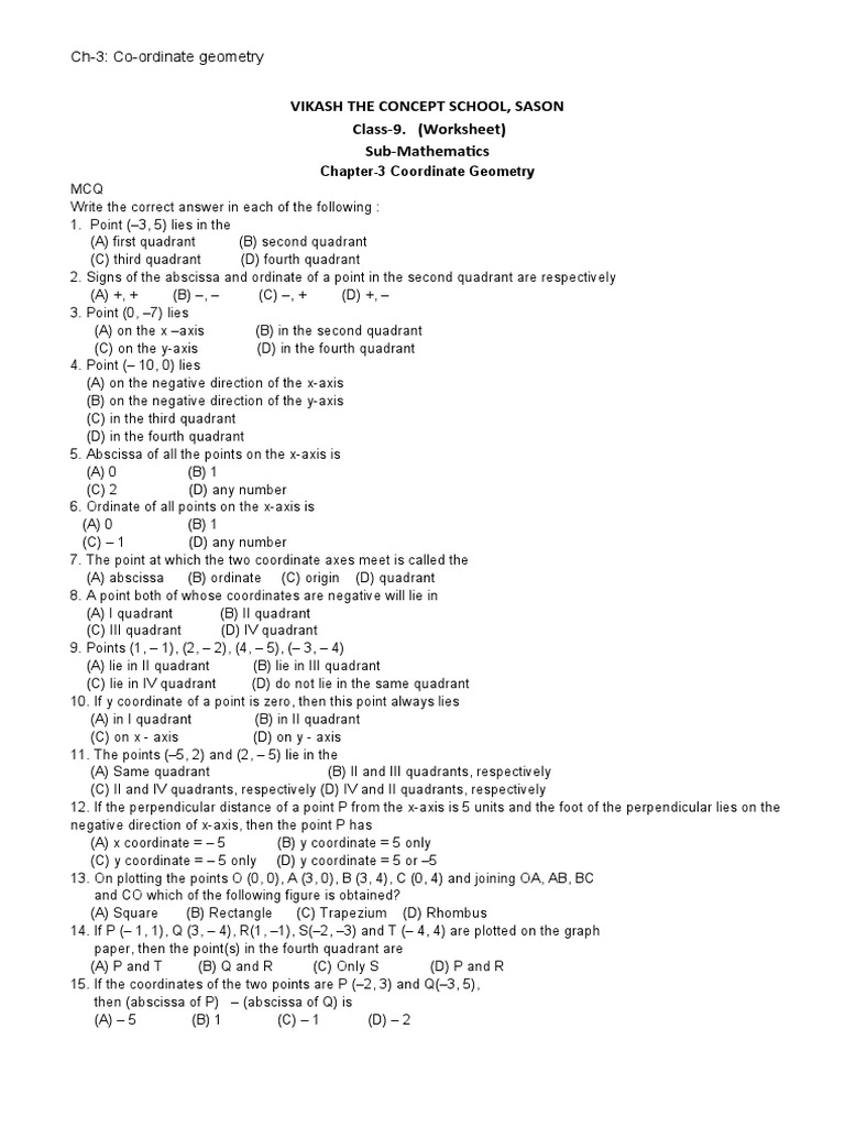 Cl-9 Maths Worksheet Ch-3 Coordinate Geometry | PDF | Cartesian ...