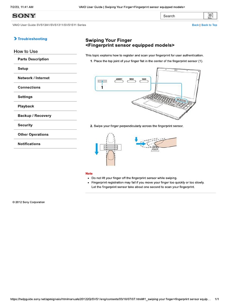 VAIO User Guide - Swiping Your Finger - Fingerprint Sensor Equipped Models | PDF