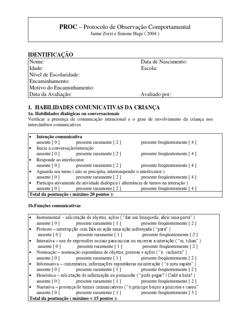 PROC Â Protocolo de ObservacÌ Aì o Comportamental | PDF