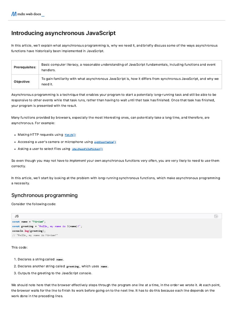 Introducing Asynchronous JavaScript - Learn Web Development - MDN | PDF Introducing Asynchronous JavaScript - Learn Web Development - MDN | PDF