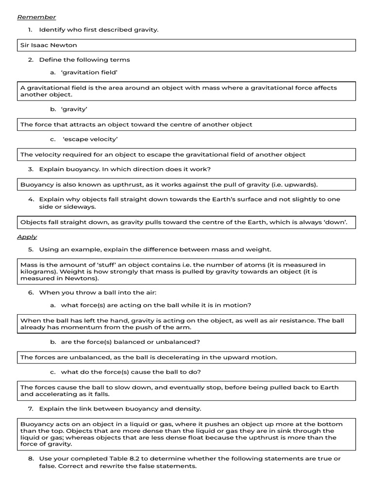Gravity As A Force ANSWERS | PDF | Weight | Buoyancy