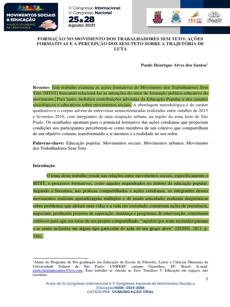 Formação No Movimento Dos Trabalhadores Sem Teto - Ações Formativas e ...