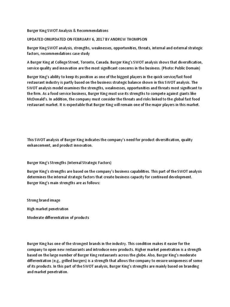 Burger King SWOT Analysis | PDF | Swot Analysis | Franchising