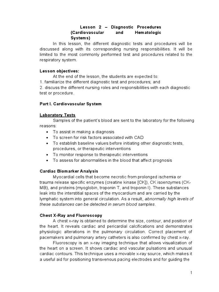 Lesson 2 - Diagnostic Procedures (Cardiovascular and Hematologic ...