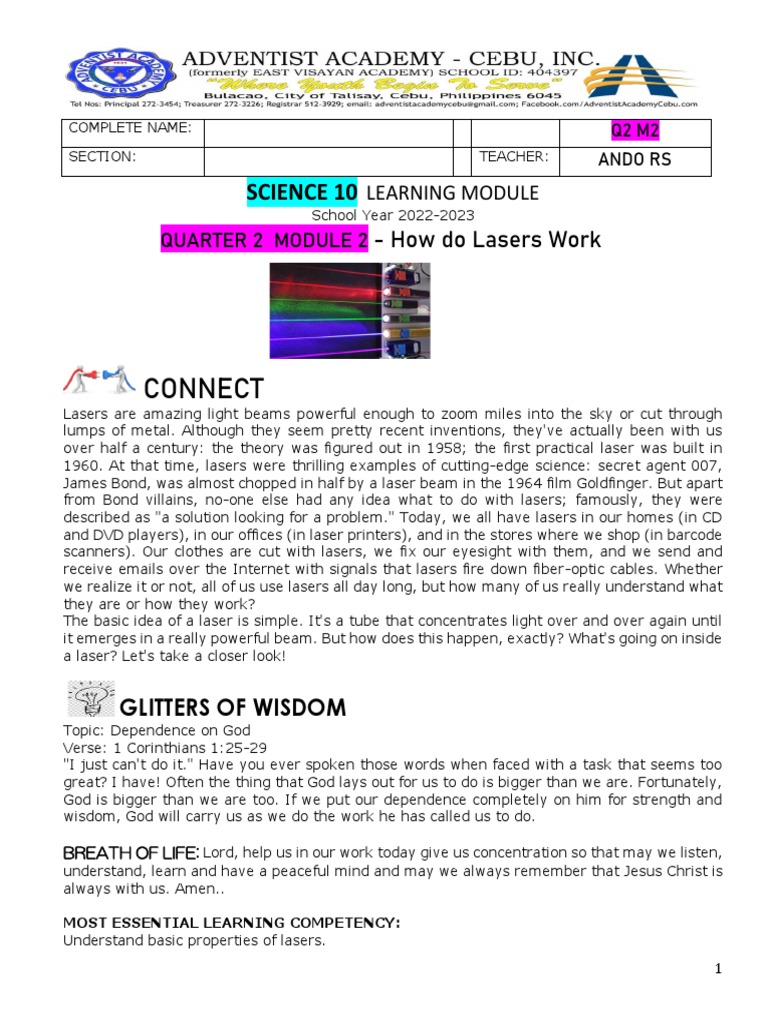 Science 10 Quarter 2 Module 2 2022 2023 | PDF | Laser | Emission Spectrum