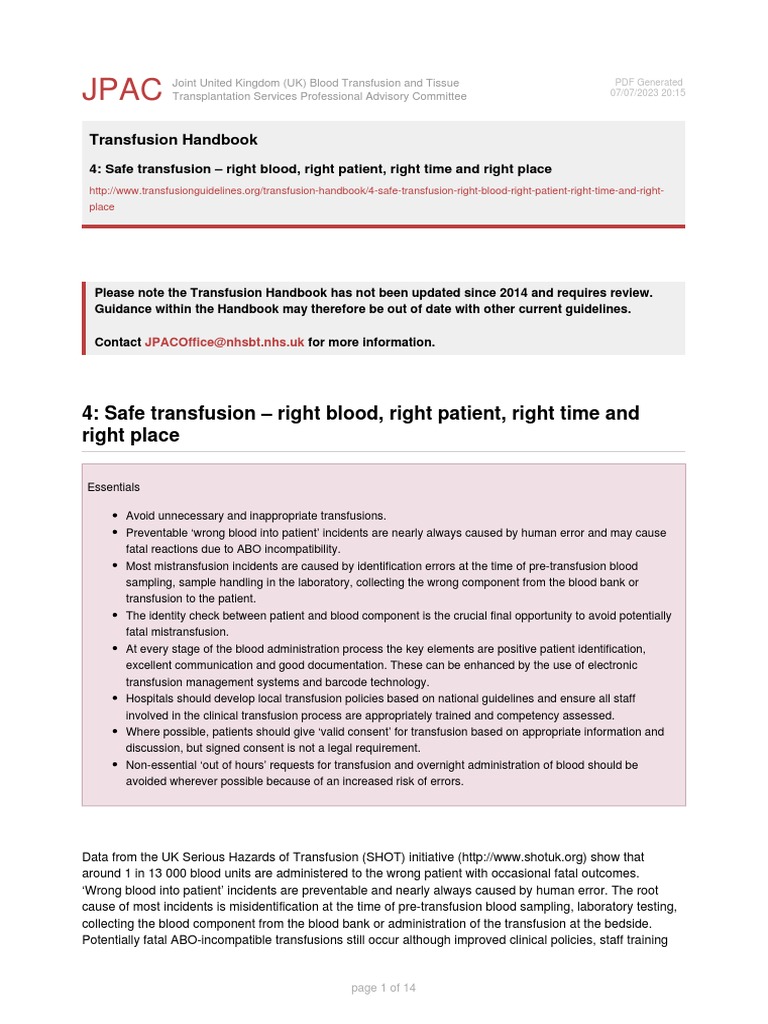 4 Safe Transfusion Right Blood Right Patient Right Time and Right Place ...