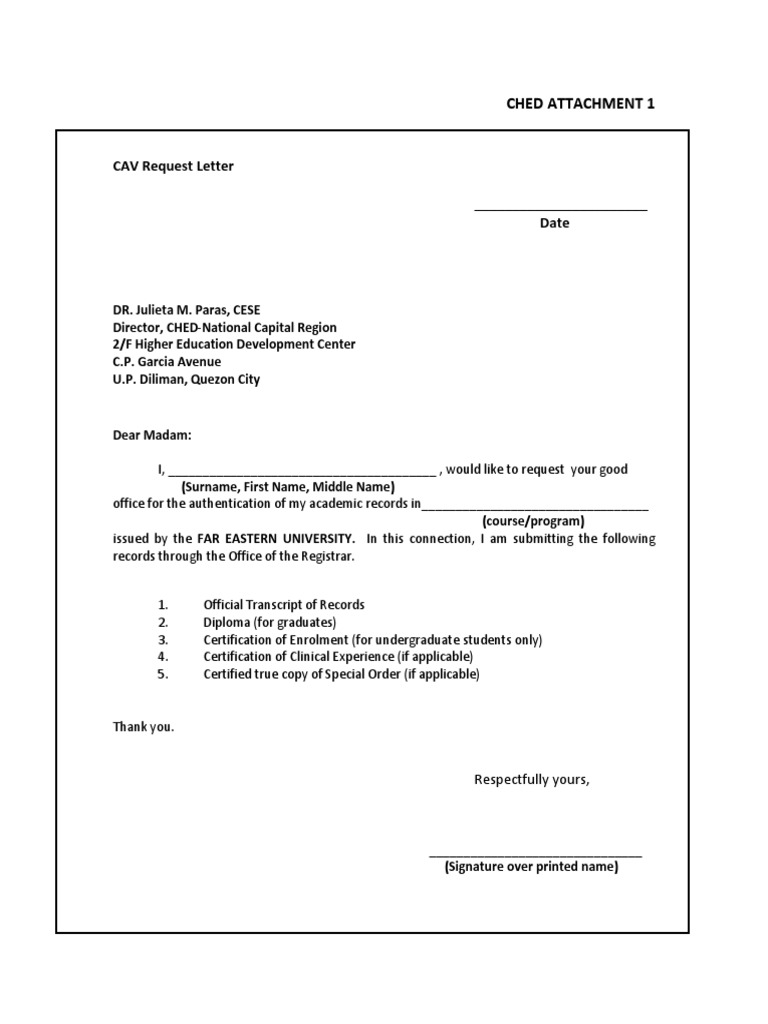 CAV Request Letter Template for CHED | PDF