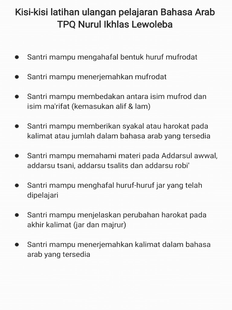 Latihan Ulangan Pelajaran Bahasa Arab TPQ Nurul Ikhlas Lewoleba | PDF Latihan Ulangan Pelajaran Bahasa Arab TPQ Nurul Ikhlas Lewoleba | PDF