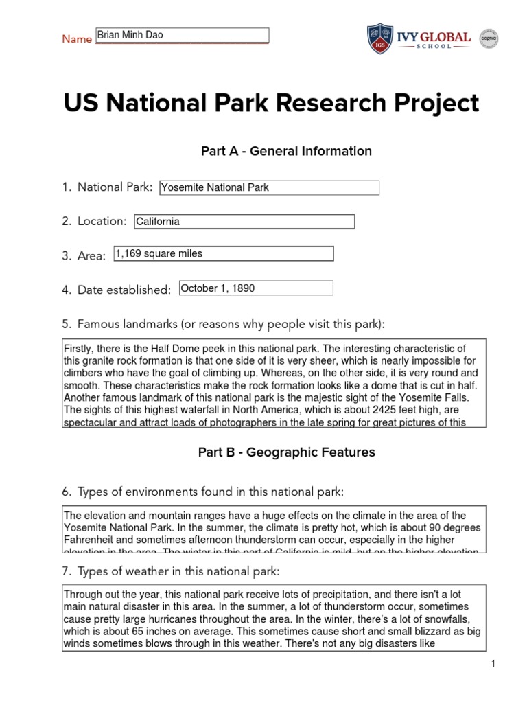 (Fillable Worksheet) US National Park Research Project | PDF