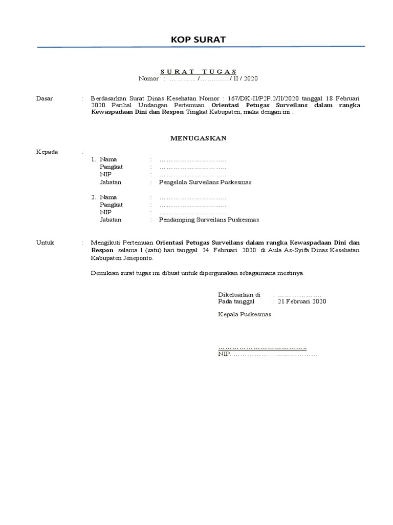 Contoh SURAT TUGAS_Surveilans | PDF
