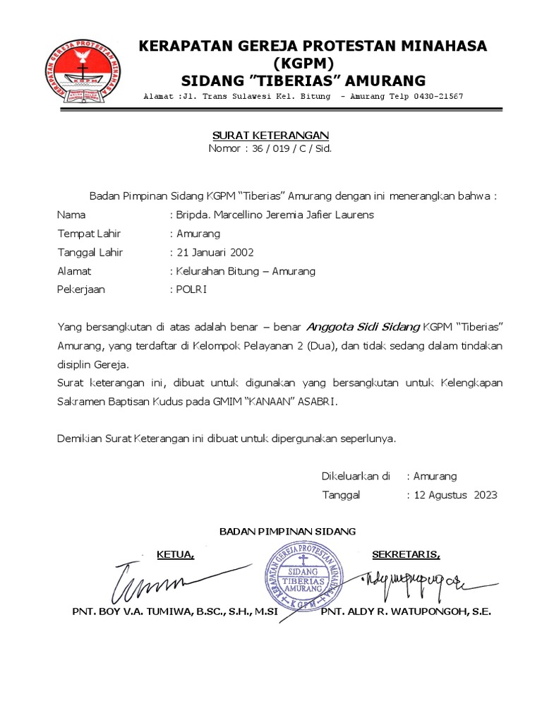 Surat Keterangan Sidi Marcelino Laurens | PDF
