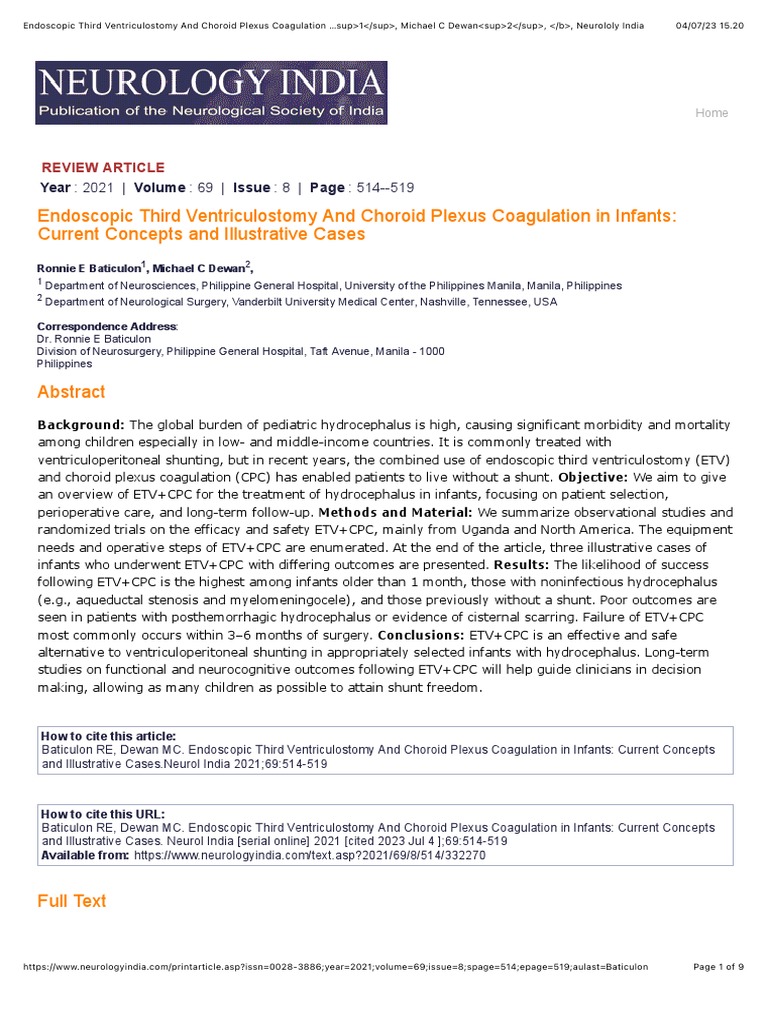 Endoscopic Third Ventriculostomy and Choroid Plexus Coagulation in ...