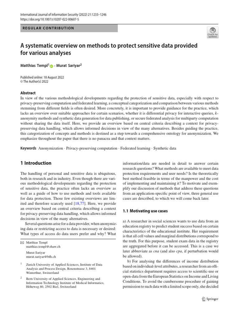 A Systematic Overview On Methods To Protect Sensitive Data Provided For ... A Systematic Overview On Methods To Protect Sensitive Data Provided For ...
