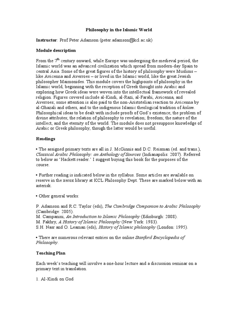 Philosophy in The Islamic World Instructor: Prof Peter Adamson (Peter ...