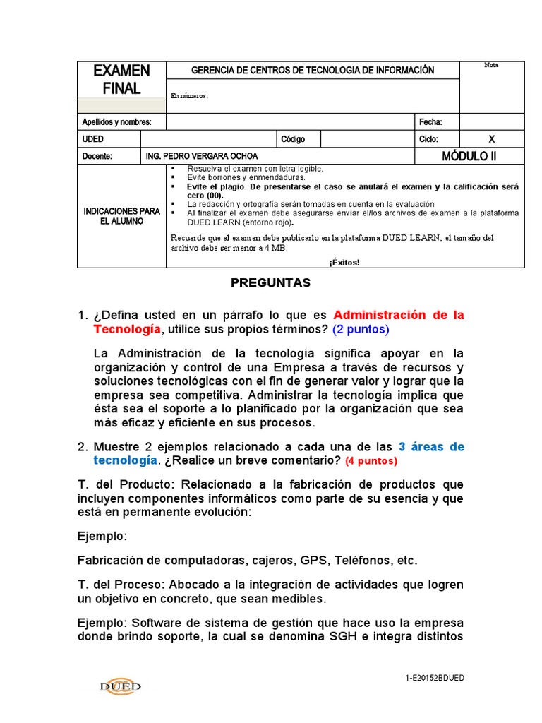 Examen Final - Gerencia Centros Ti | PDF