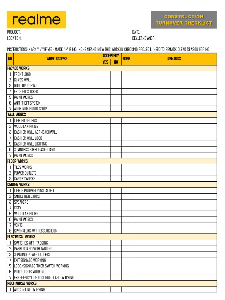 Region Construction Turnover Checklist-Final3 | PDF | Architectural ...