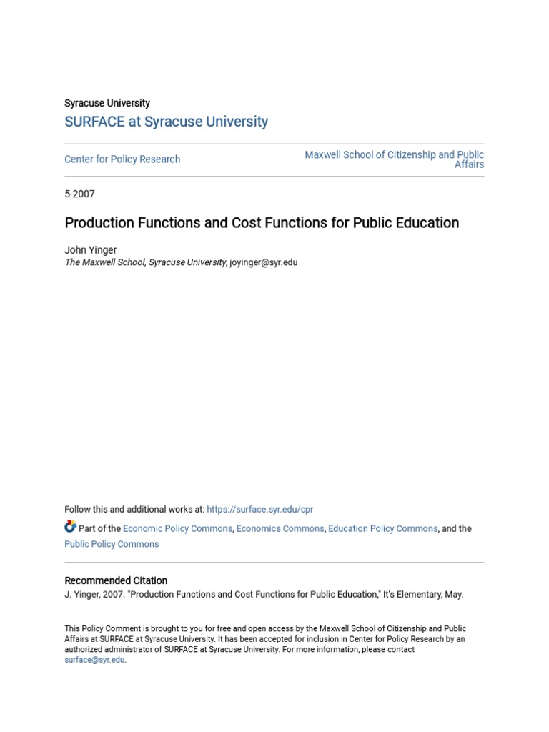 BBA-Production Functions and Cost Functions For Public Education | PDF ...
