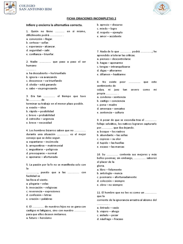 Ficha Oraciones Incompletas 2 | PDF