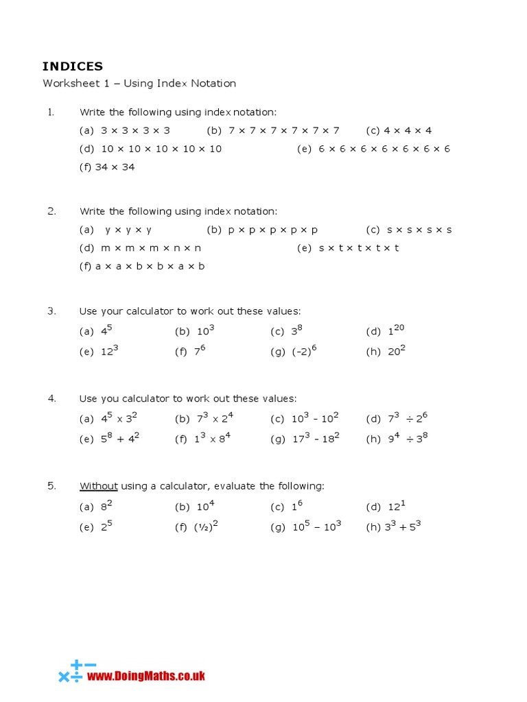 Index Notation and Laws of Indices Worksheet | PDF | Multiplication ...