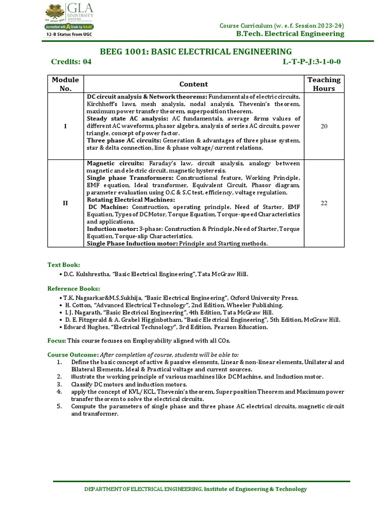 Electrical Engineering Syllabus 2023-24 | PDF | Science & Mathematics