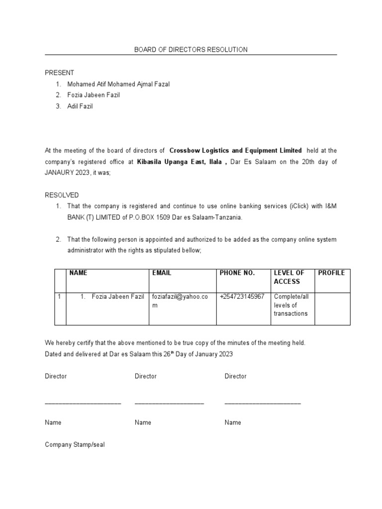 BOARD OF DIRECTORS RESOLUTION Sample | PDF