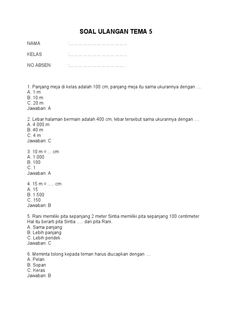 Soal Tema 5 Bapak | PDF | Griya & Taman