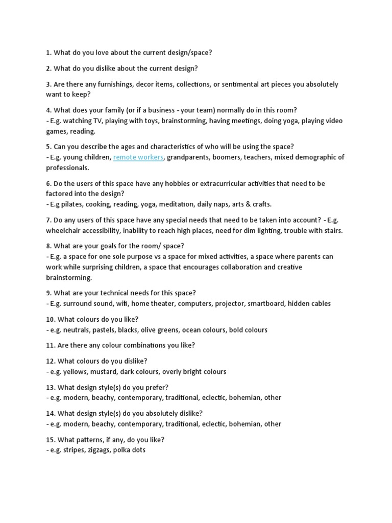 Interior Design Questionnaire For Client | PDF