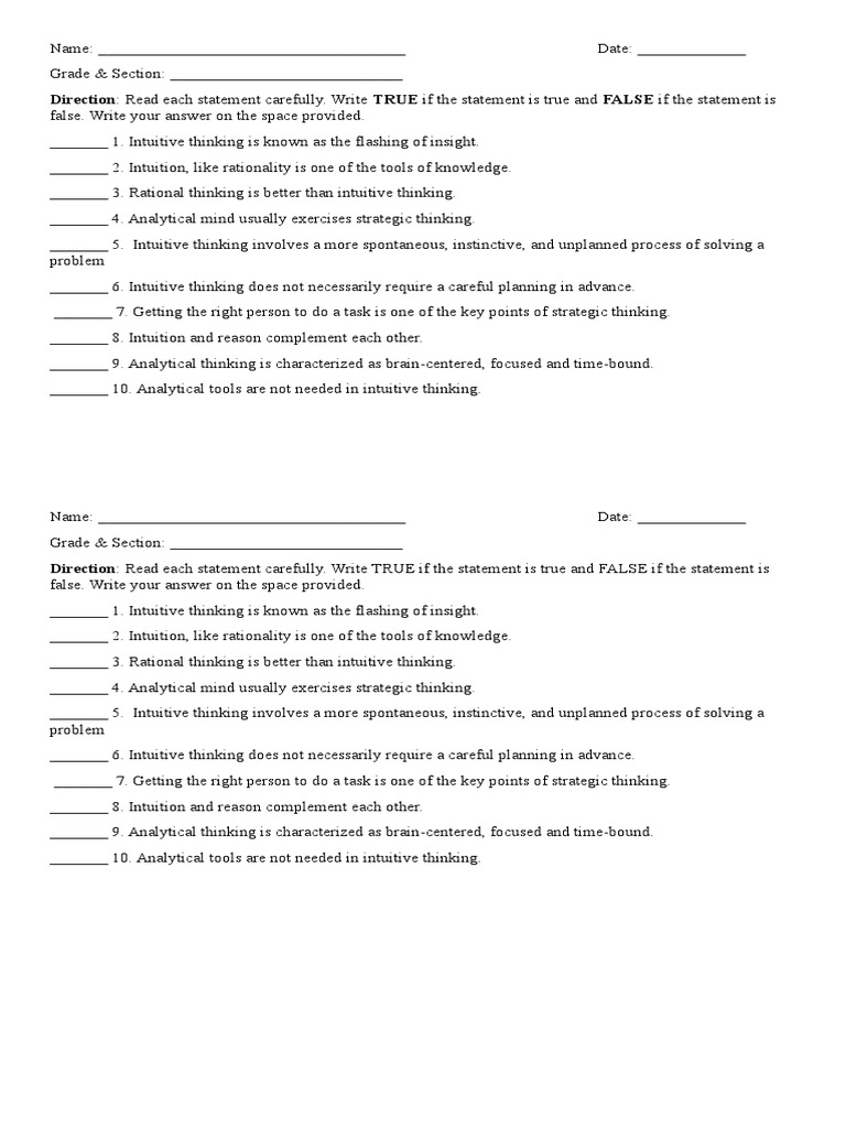 True or False: Intuitive vs. Analytical Thinking | PDF | Career ...