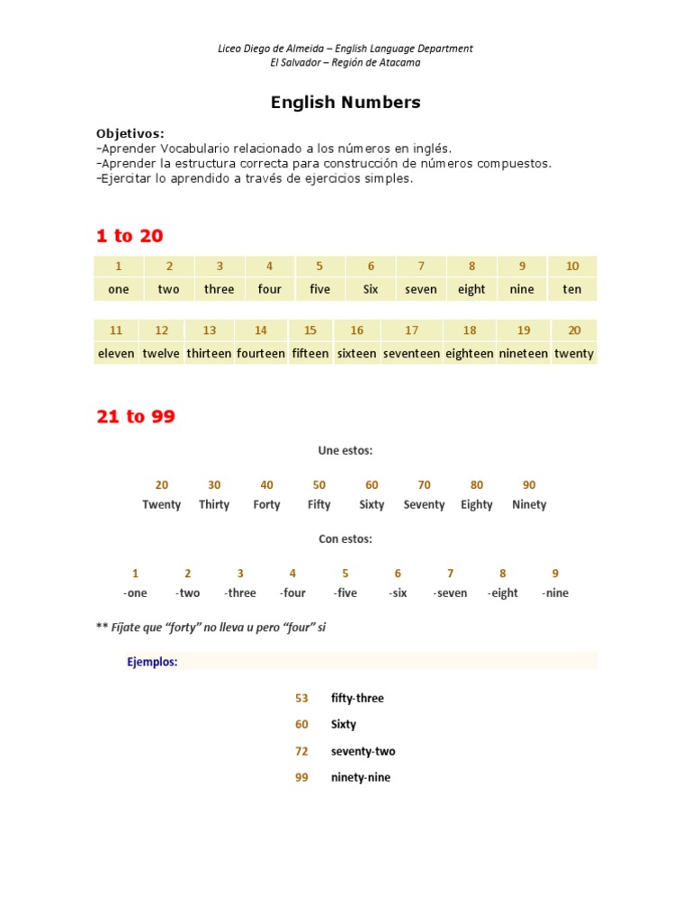 1° Nivel INGLÉS GUIA NUMBERS | PDF