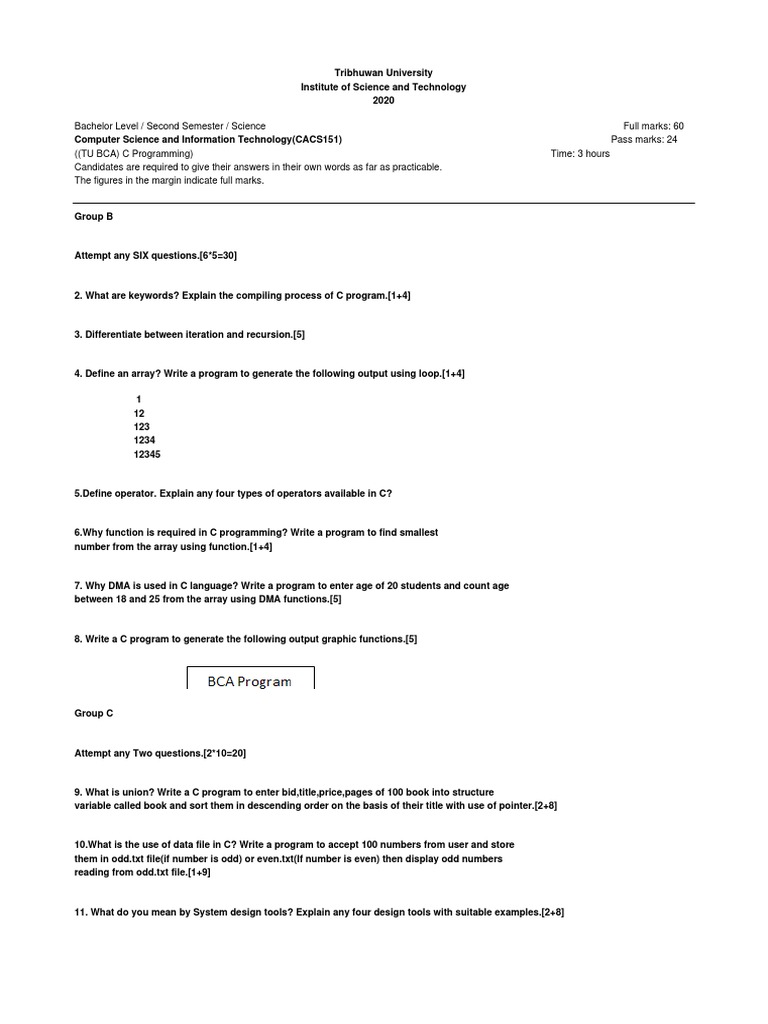 C Programming Exam Questions Guide | PDF | Teaching Methods & Materials ...