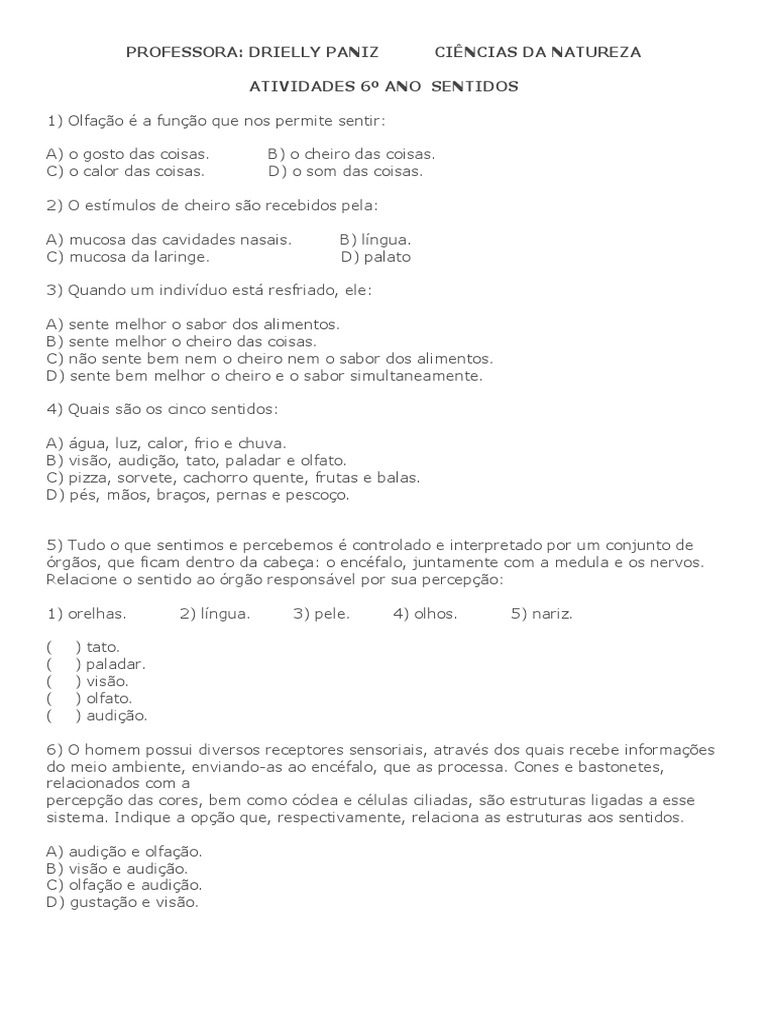 Atividades sobre os Sentidos - 6º Ano | PDF | Bem-estar