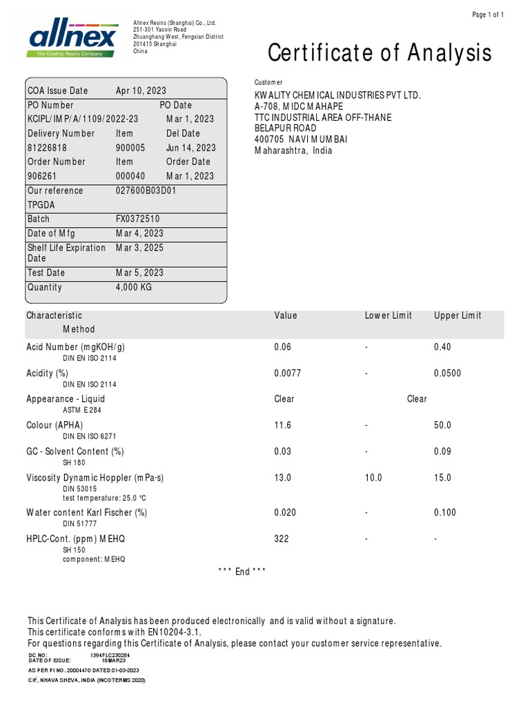 Allnex TPGDA COA 1 | PDF | Viscosity | Applied And Interdisciplinary ...