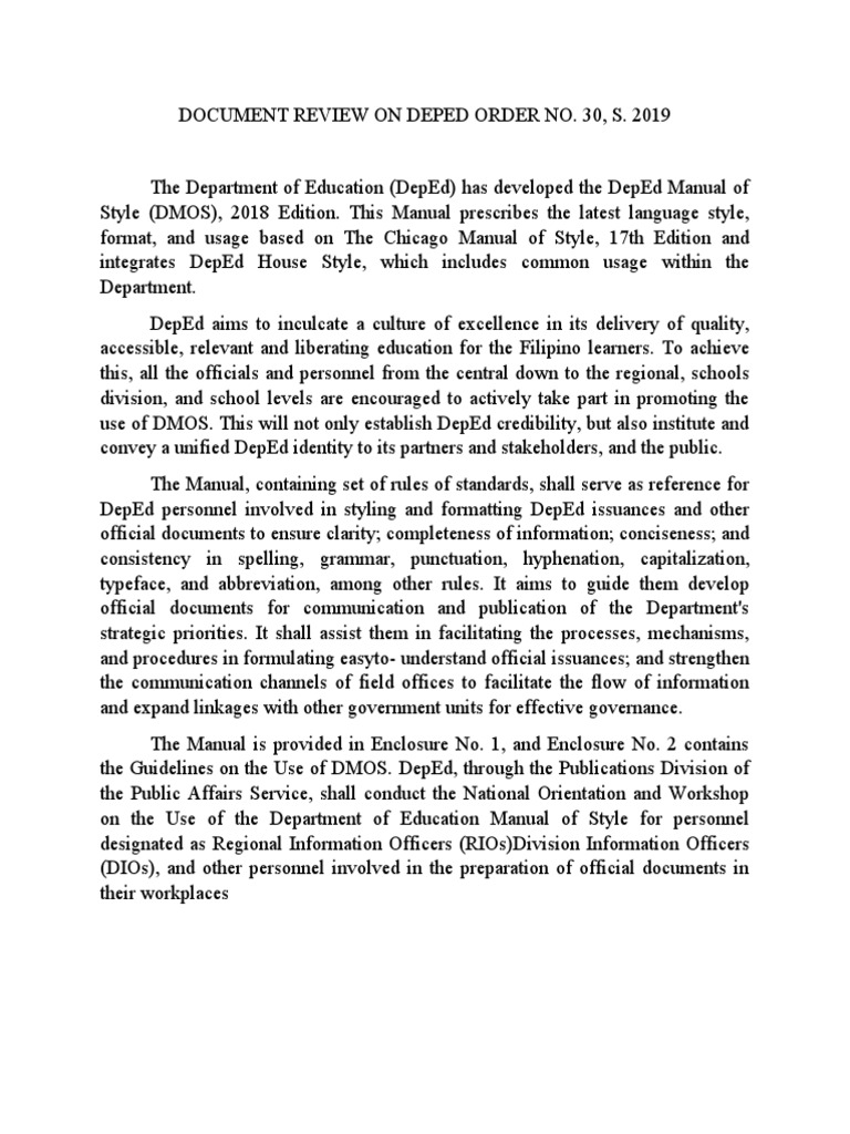 DOCUMENT REVIEW ON DEPED ORDER NO. 30 S. 2019 | PDF